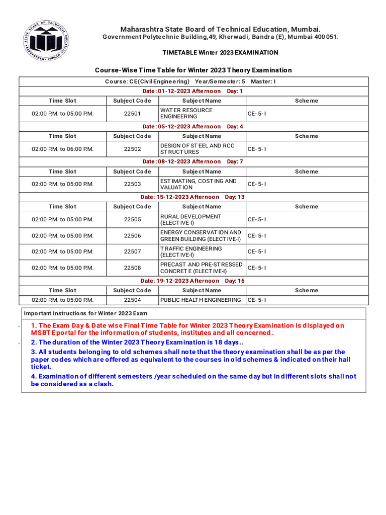 Time Table For Winter 2023 Theory Examination | PDF