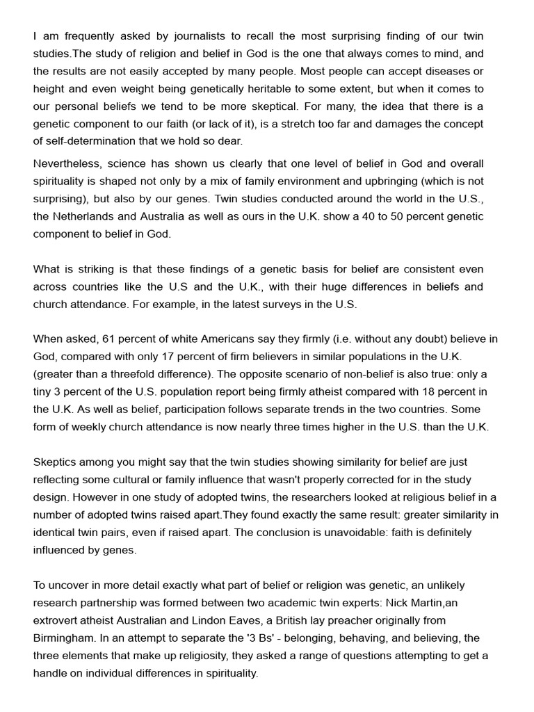 Genetic Influences on Faith in Twins | PDF | Faith | Atheism