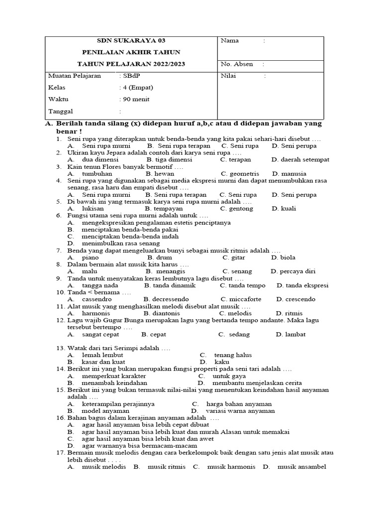 Soal PAT SBDP Kelas 4 | PDF