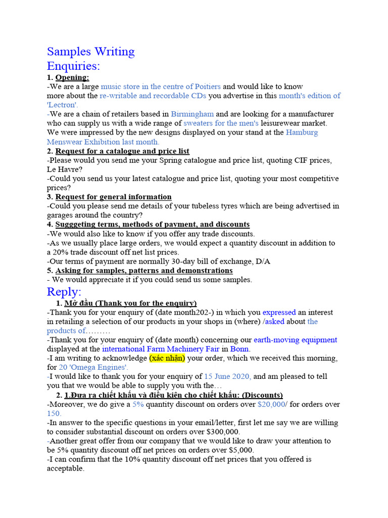 Sample of Enquiry and Reply MHAT | PDF | Letter Of Credit | Receipt