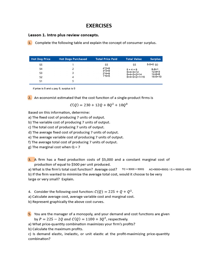 Exercises | PDF | Marginal Cost | Average Cost