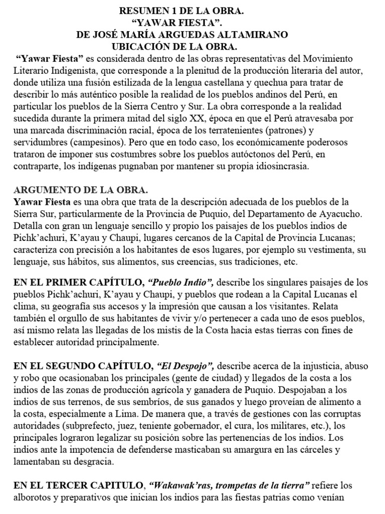 RESUMEN - DE - LA - OBRA - YAWAR - FIESTA - (JOSÉ - MARÍA - ARGUEDAS ... RESUMEN - DE - LA - OBRA - YAWAR - FIESTA - (JOSÉ - MARÍA - ARGUEDAS ...
