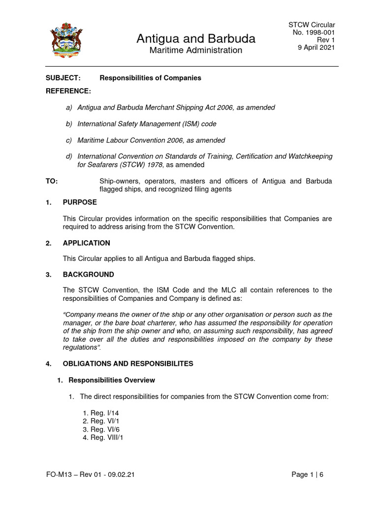STCW Circular 1998 001 Rev 1 Responsibilities of Companies | PDF