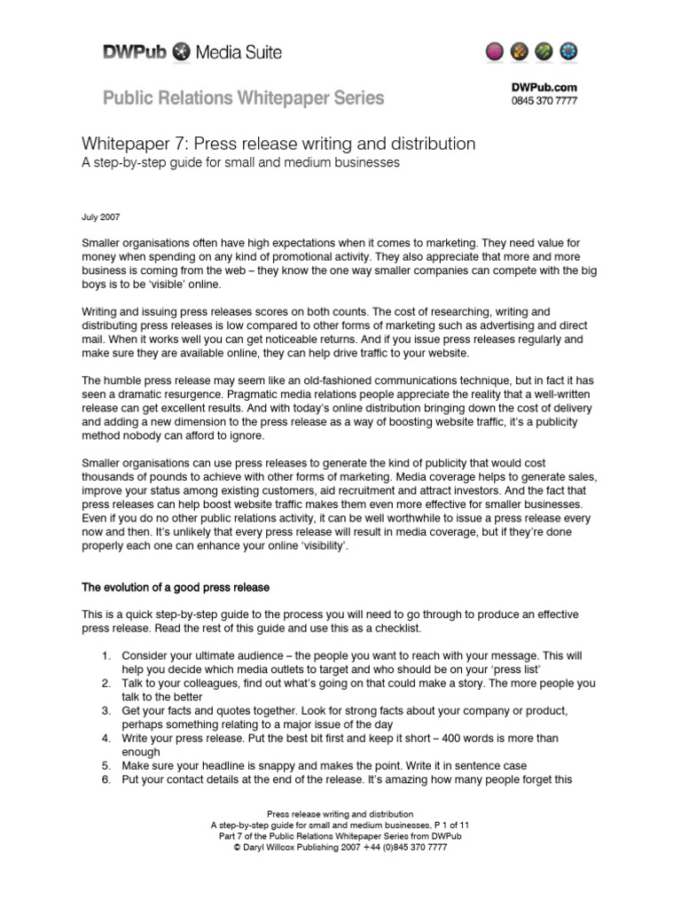 Var WWW Dwpub - Com Htdocs Docs Whitepapers DWPub Public Relations Whitepaper7 Press Release ...