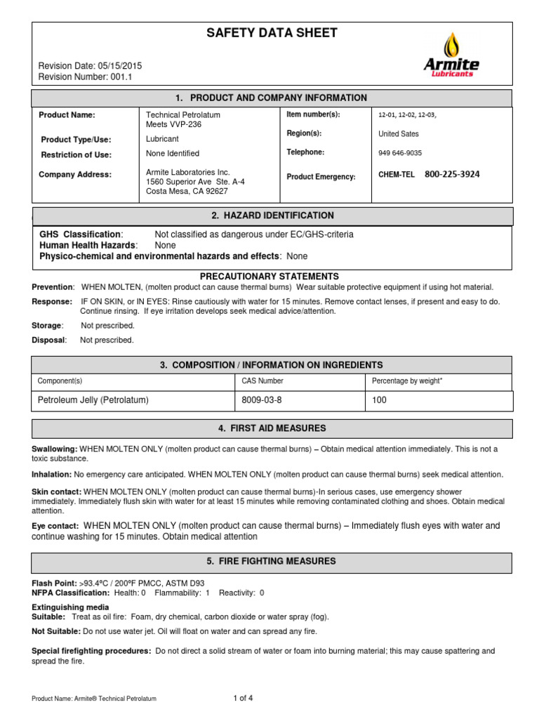 SDS VV-P-236 Tech Petrolatum | PDF | Firefighting | Fires