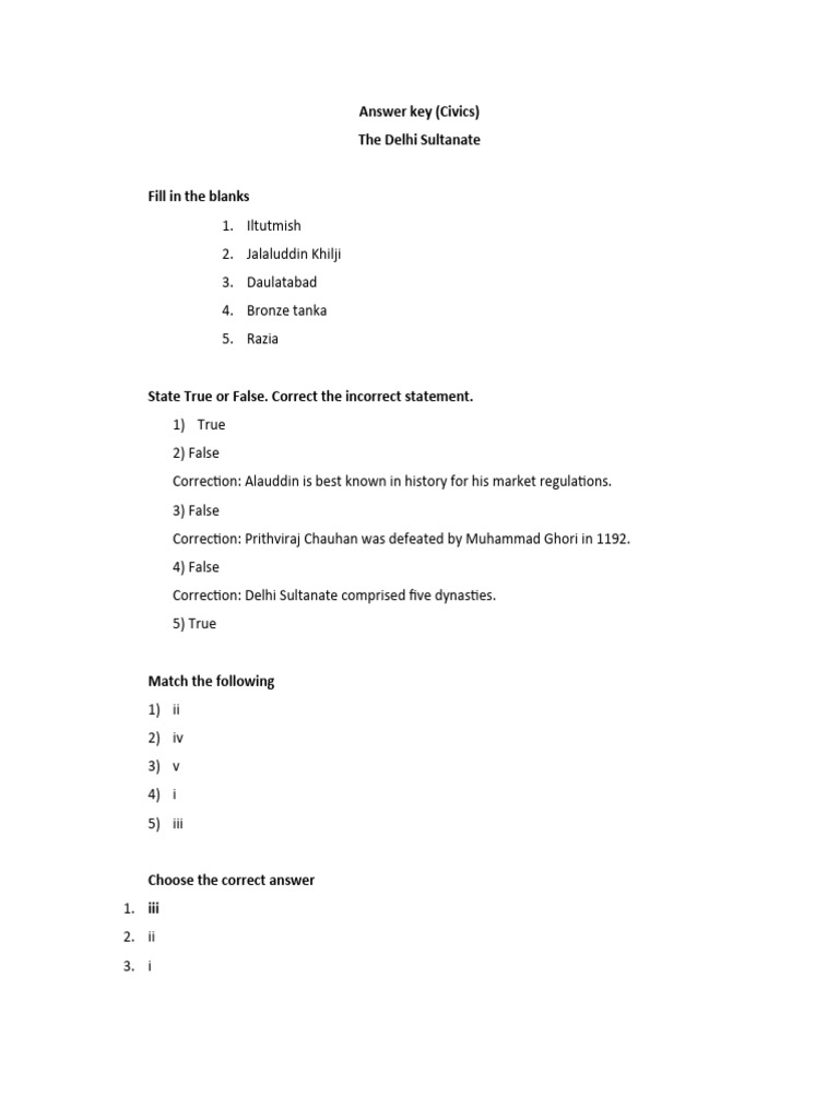 Delhi Sultanate Answer Key for Students | PDF | Social Science | Art
