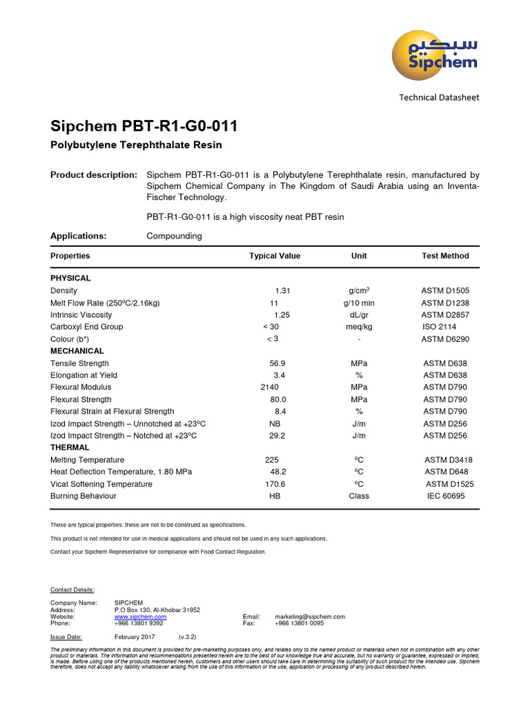 Sipchem Pbt R1 G0 011 Polybutylene Terephthalate Resin Pdf