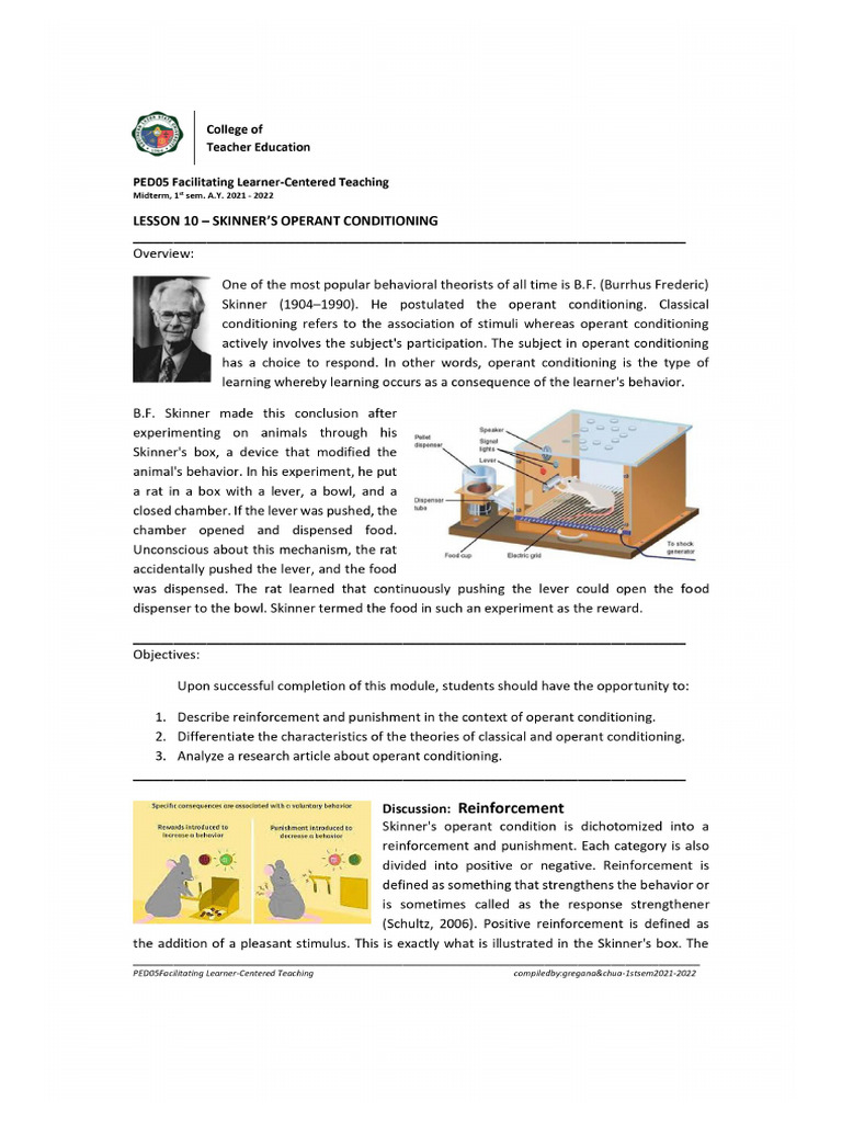 PED05 - Lesson 10 - Skinner's Operant Conditioning | PDF