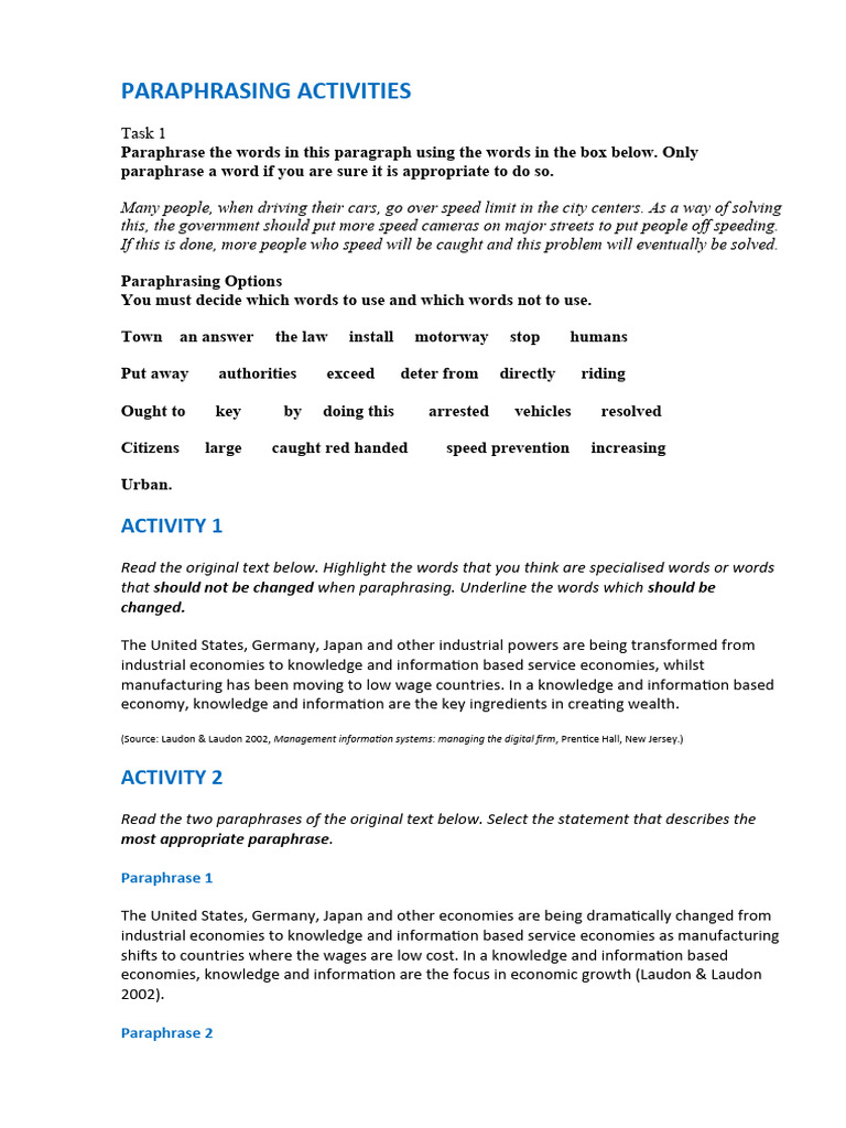 Paraphrasing Activities | PDF | Information | Speed Limit