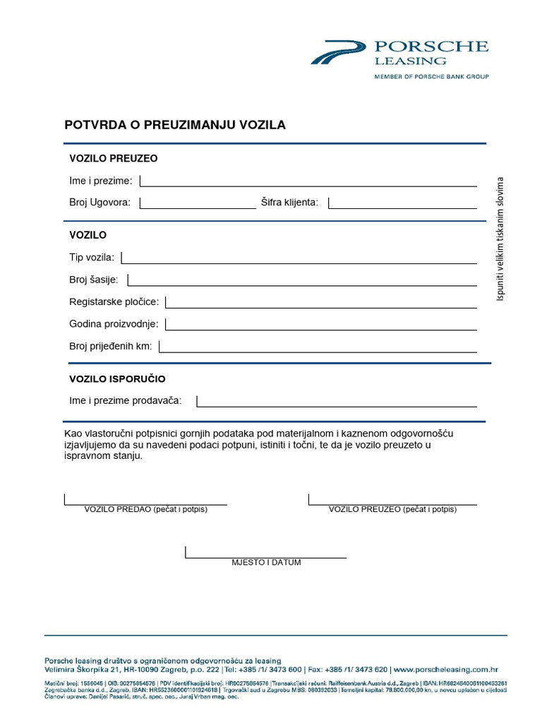 Potvrda o Preuzimanju Vozila | PDF