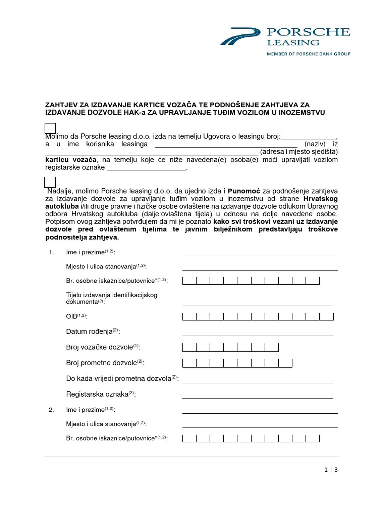 Zahtjev Za Izdavanje Kartice Vozača I Hak Dozvole Edit | PDF