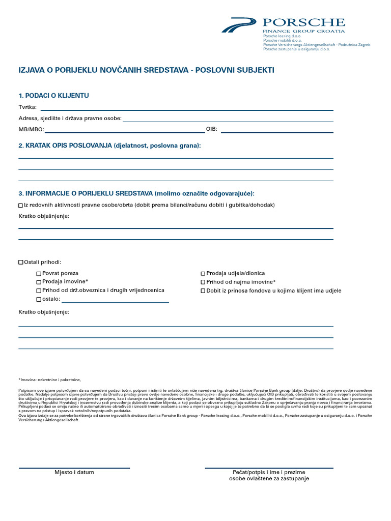 Izjava o Porijeklu I Izvoru Sredstava Pravna Osoba | PDF