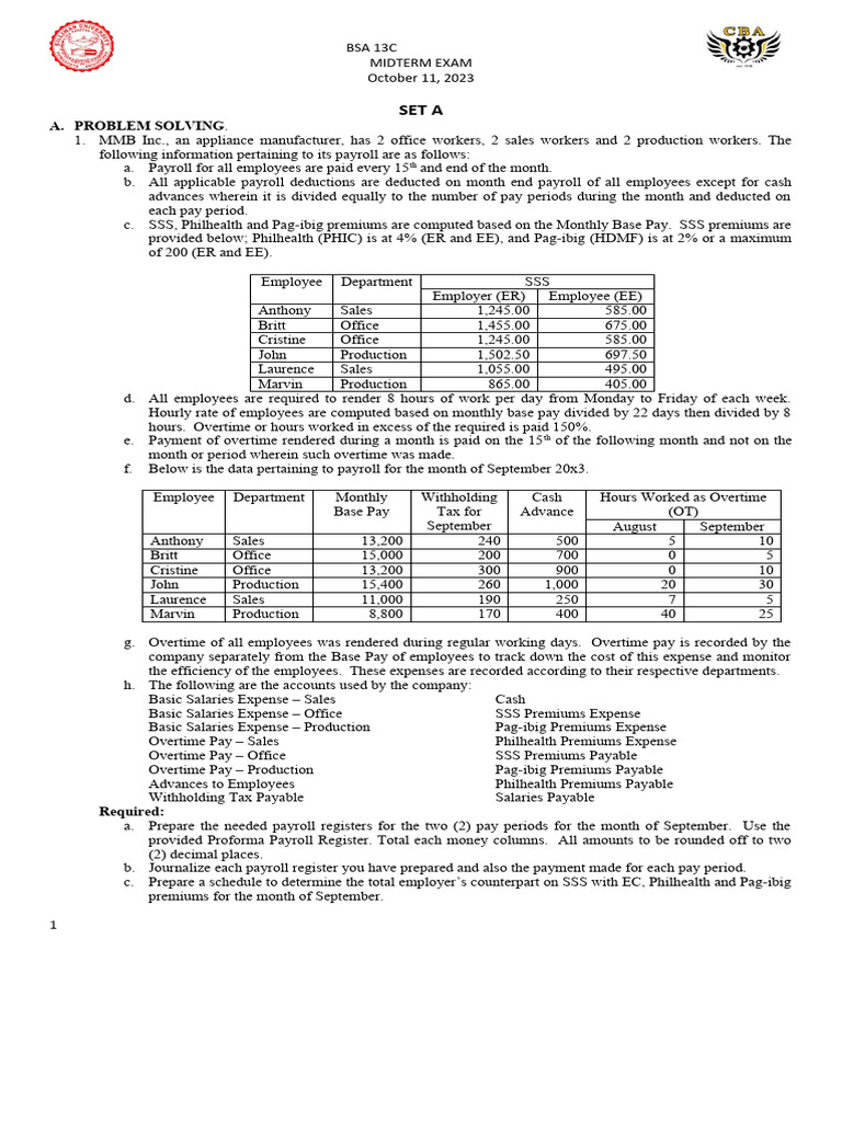 BSA 13C - ME Payroll Problem | PDF | Payroll | Overtime
