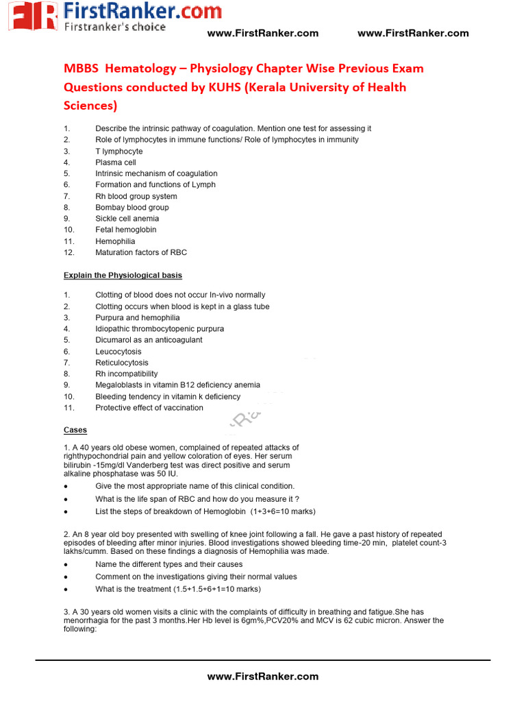 KUHS MBBS 1st Year Hematology Questions | PDF | Coagulation | Anemia