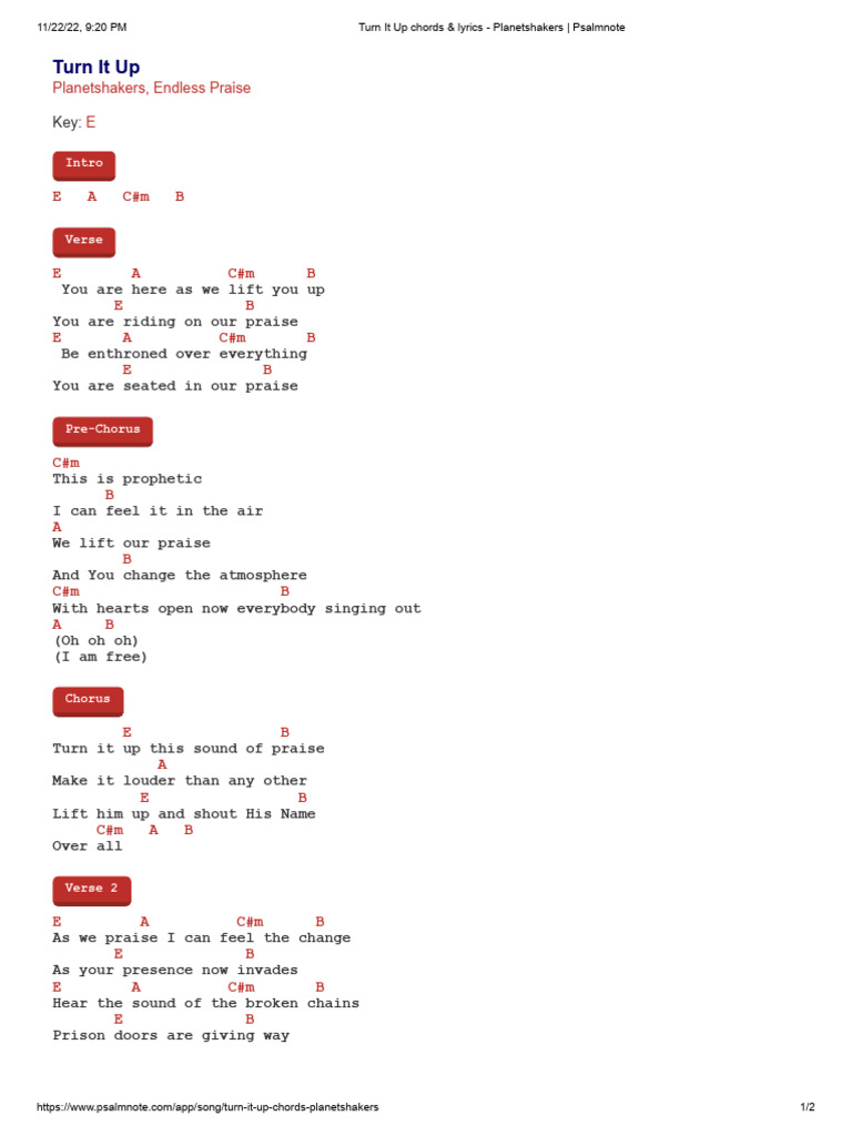 Turn It Up Chords & Lyrics - Planetshakers - Psalmnote | PDF