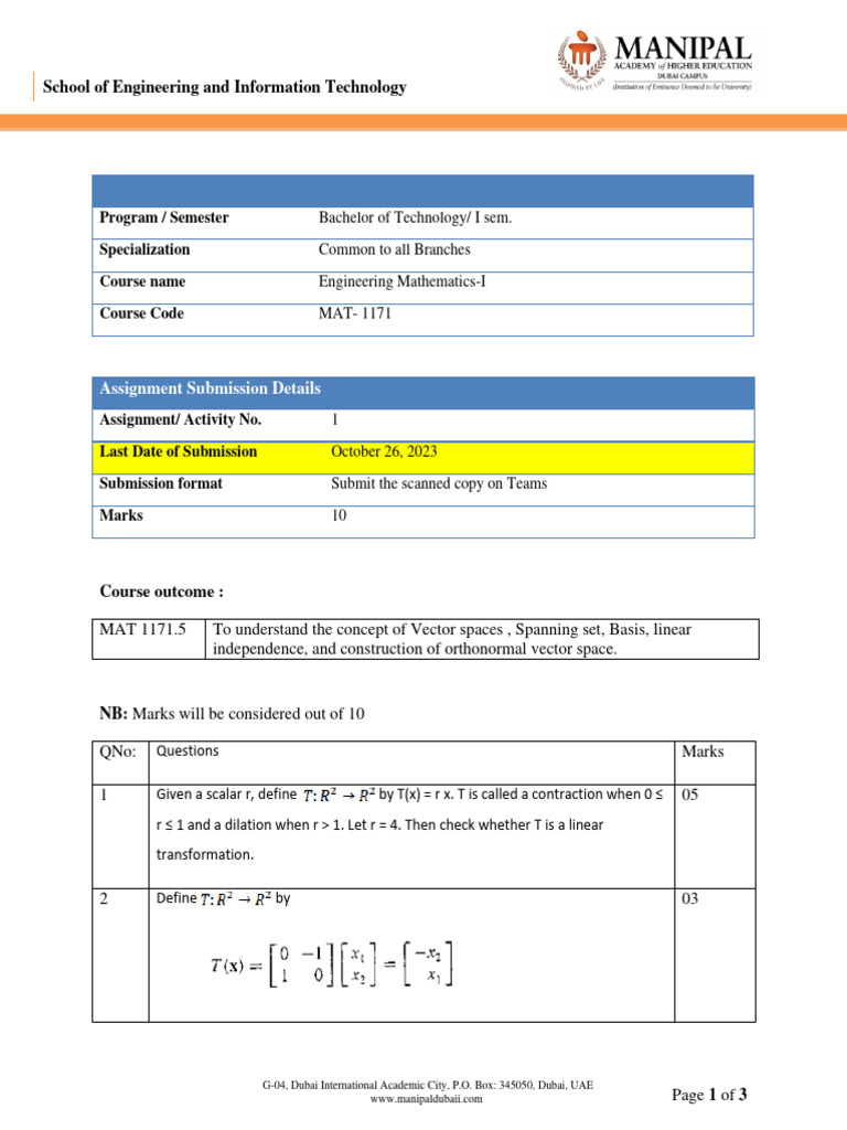Engineering Math Assignment Guide | PDF | Linear Map | Vector Space