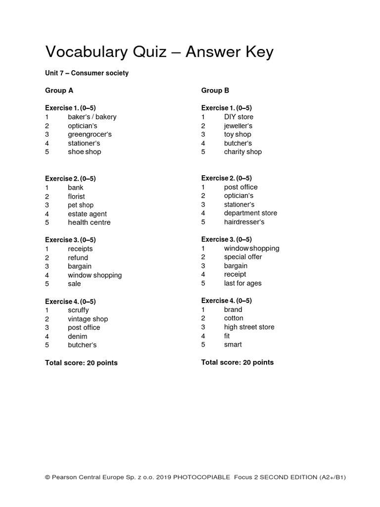 Focus 2 Unit 7 Vocabulary Quiz Answers | PDF