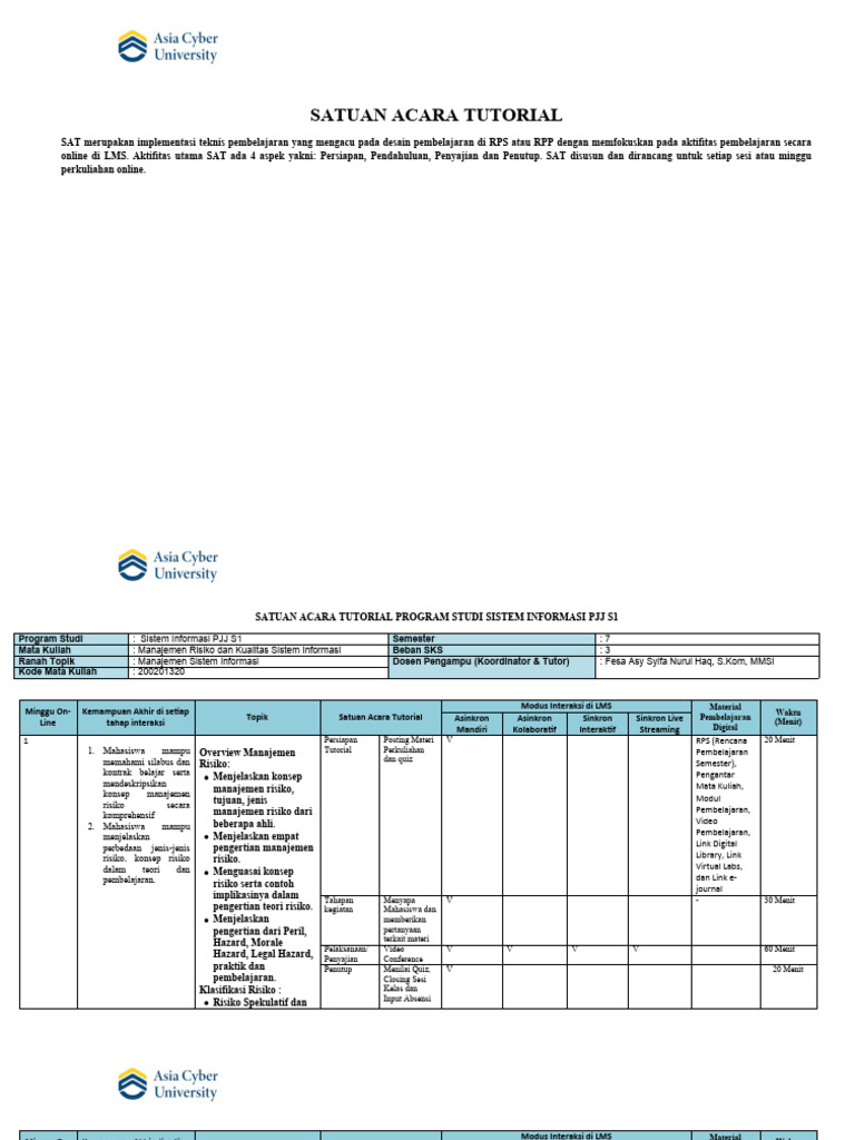 SAT (Satuan Acara Tutorial) Manajemen Resiko Dan Kualitas Sistem Informasi - FSA | PDF