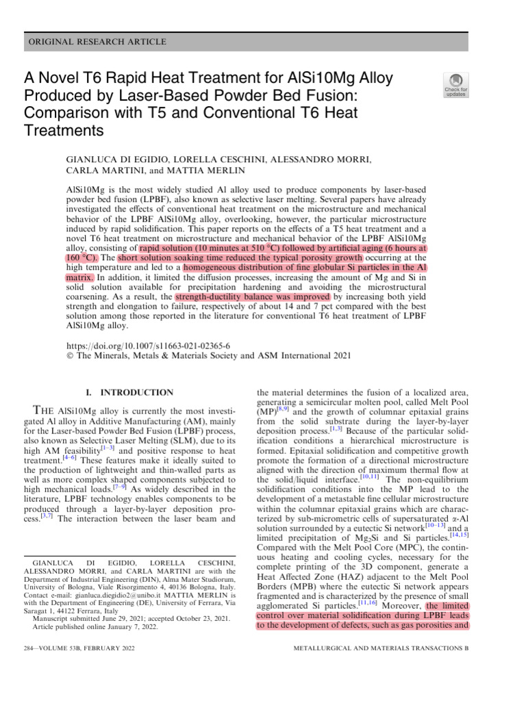 A Novel T6 Rapid Heat Treatment For AlSi10Mg Alloy | PDF | Heat ...
