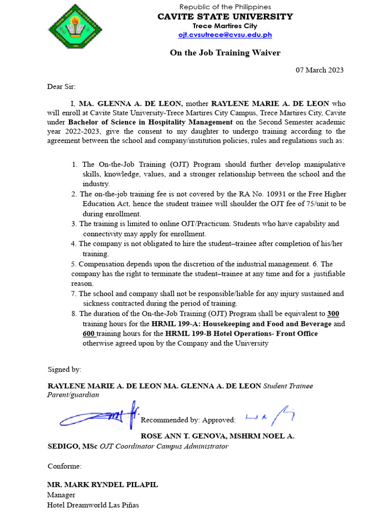 OJT Waiver - de Leon 1 | PDF