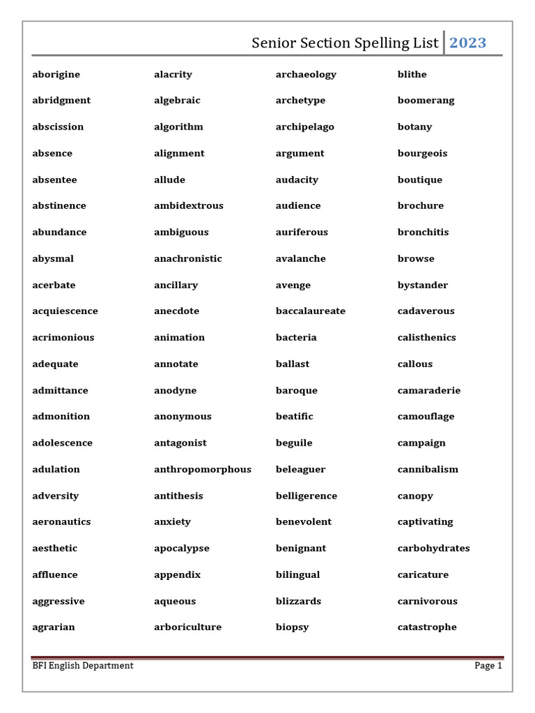 Senior Section Spelling List Seen.2023 | PDF