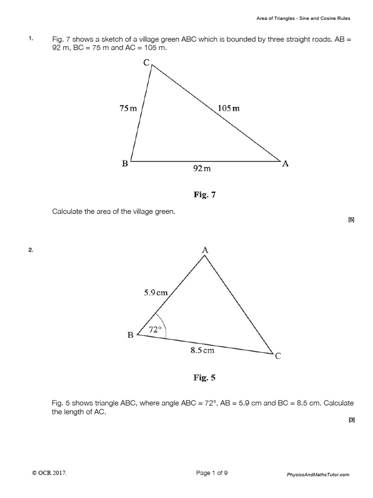 Area of Triangles - Sine and Cosine Rules | PDF | Triangle | Area