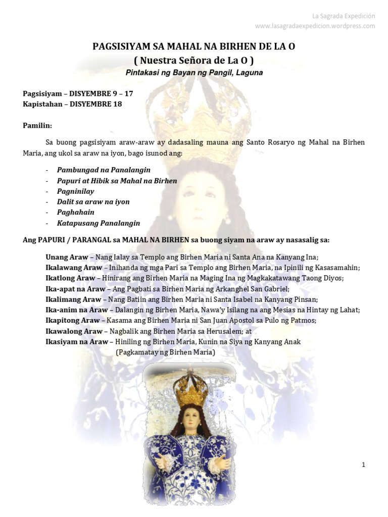 Pagsisiyam Sa Ns de La o 9 Days Novena To Our Lady of The o | PDF