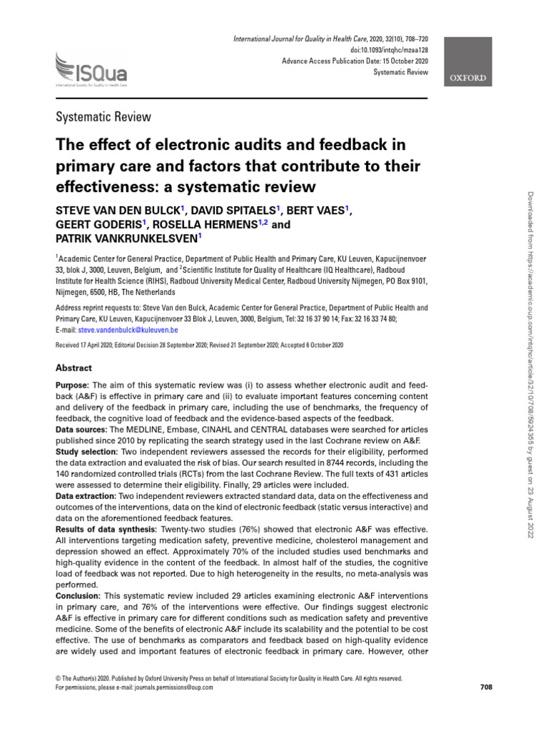 The Effect of Electronic Audits and Feedback in Primary Care and Factors That Contribute To ...