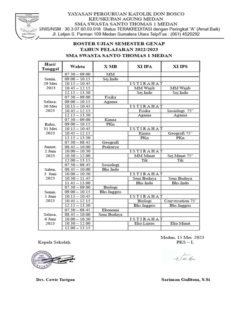Roster Ujian Semester Genap | PDF