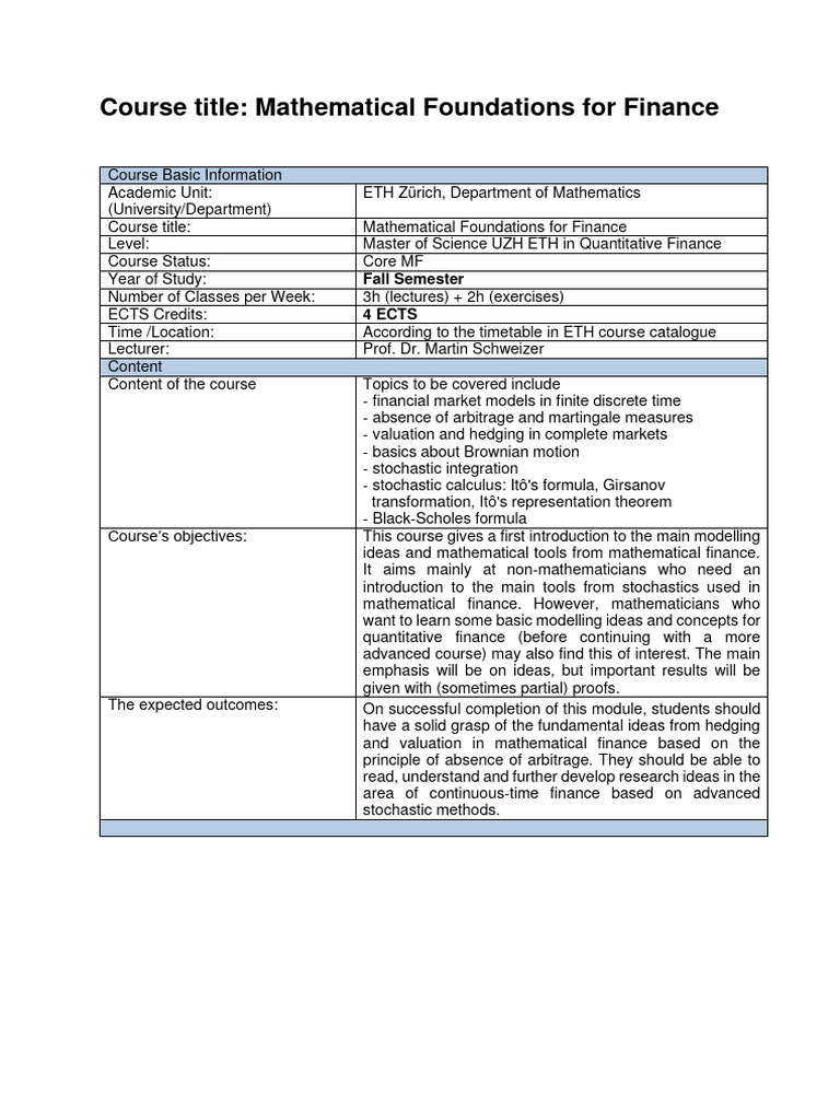 Syllabus Mathematicalfoundationsforfinance Pdf Mathematical Finance Stochastic Process