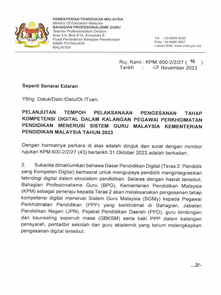 Pelanjutan Tempoh Pelaksanaan Pengesanan Digital KPM 2023 | PDF