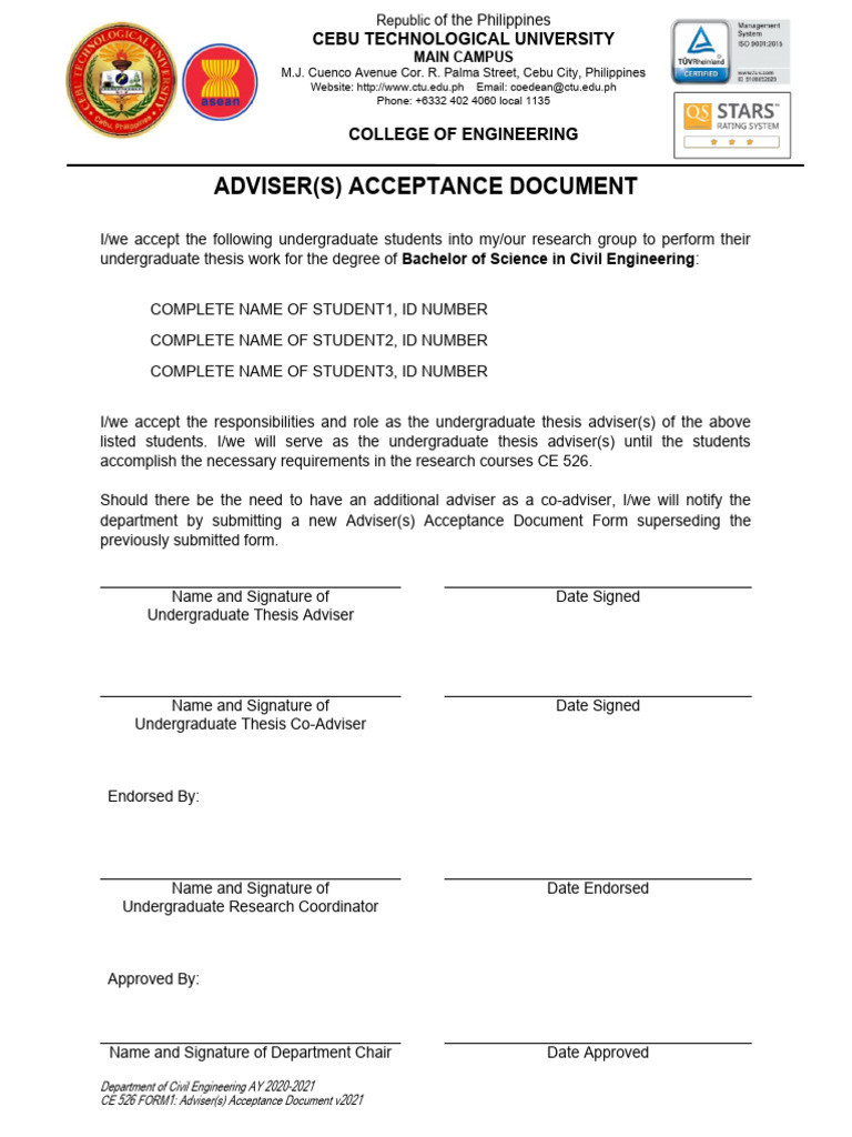 FORM1 - Adviser(s) Acceptance Document v2021 | PDF | Educational Stages ...