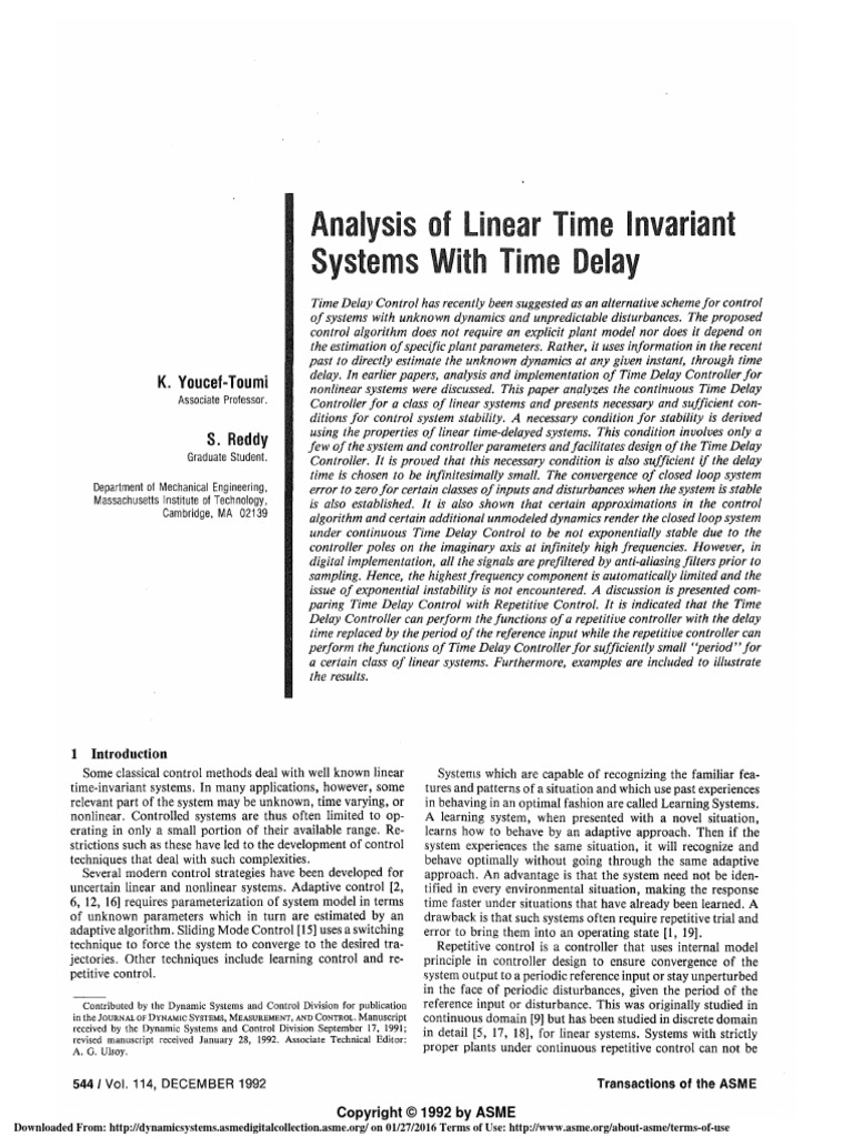 Analysis of Linear Time Invariant Systems With Time Delay | PDF | Control Theory | Stability Theory