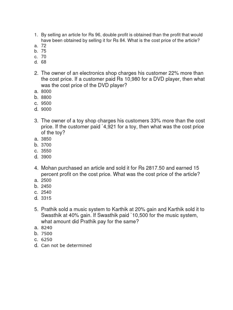 Profit Loss Exercises | PDF
