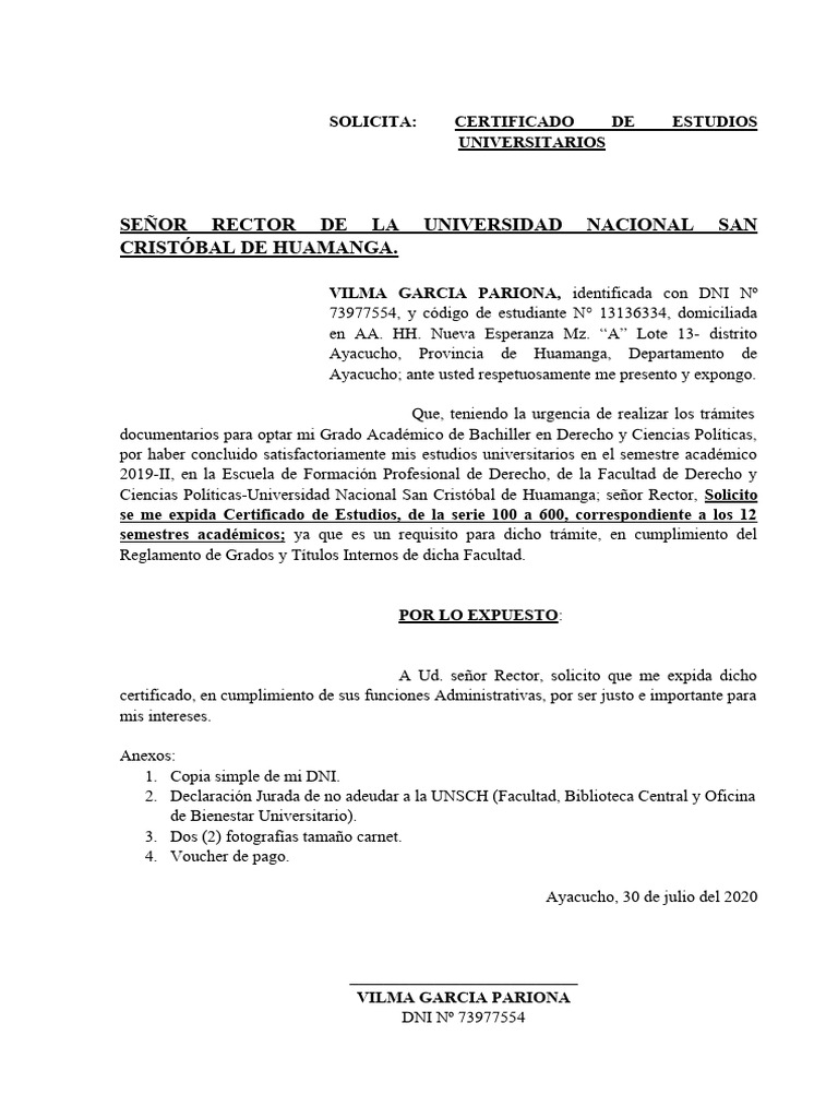 Solicitud para Bachiller - Vilma 1 | PDF | Educación más alta | Titulo academico