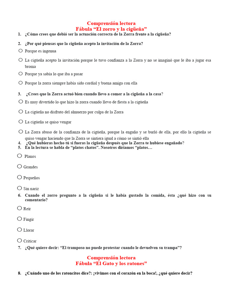 Comprensión Lectora Fabulas | PDF | Fábula