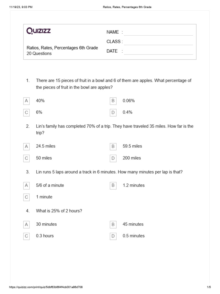 Ratios, Rates, Percentages 6th Grade | PDF