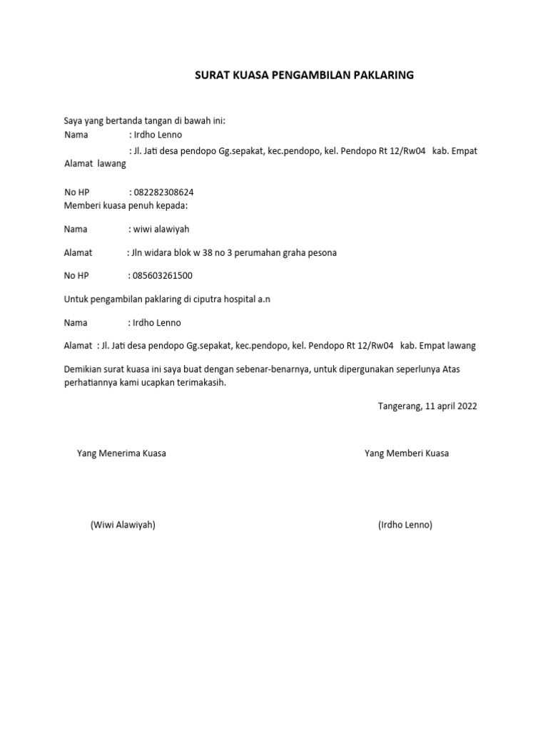 Surat Kuasa Pengambilan Paklaring Irdho | PDF