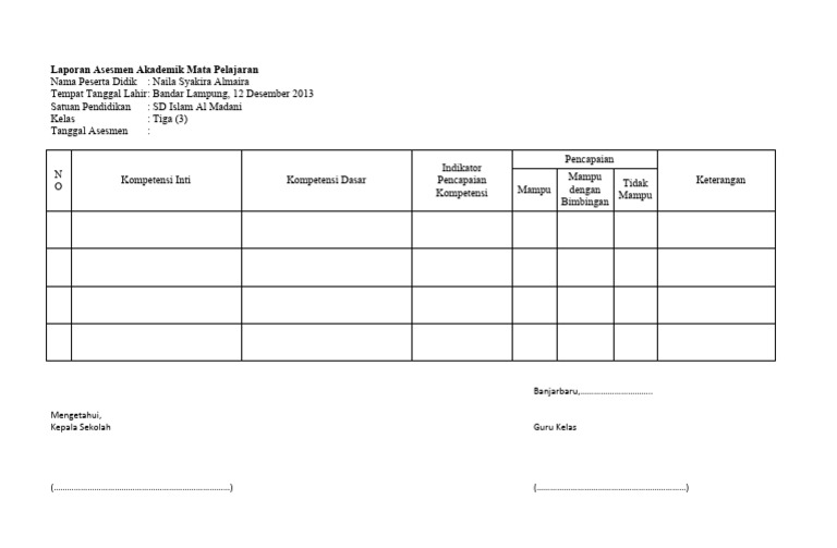 Format Laporan Asesmen Akademik Mapel Naya | PDF