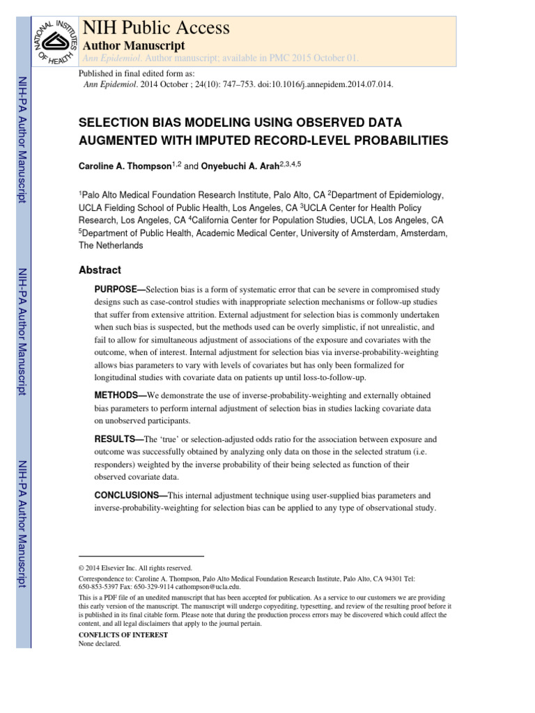 Selection Bias Using Observed Data Augmented With Imputed Record-Level Probabilities. | PDF ...