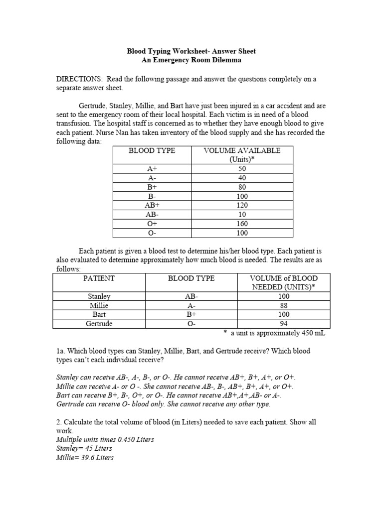 Guillette - Blood Typing Worksheet - Answer Sheet | PDF | Blood Type ...