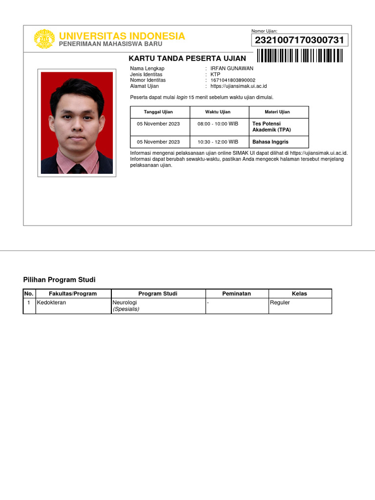Kartu Ujian SIMAK UI 2023 Irfan Gunawan | PDF