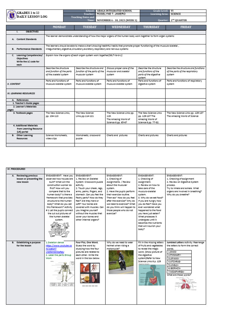 DLL - Science 6 - Q2 - W1 | PDF | Human Body | Skeletal Muscle