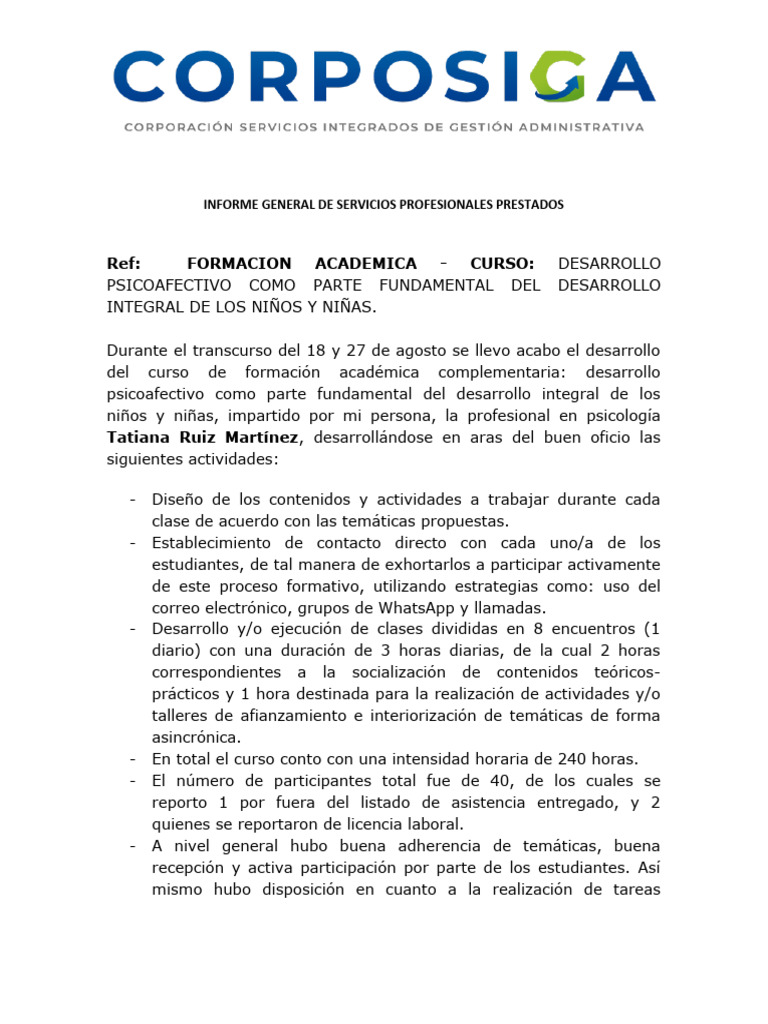 INFORME GENERAL DE SERVICIOS PROFESIONALES PRESTADOS | PDF