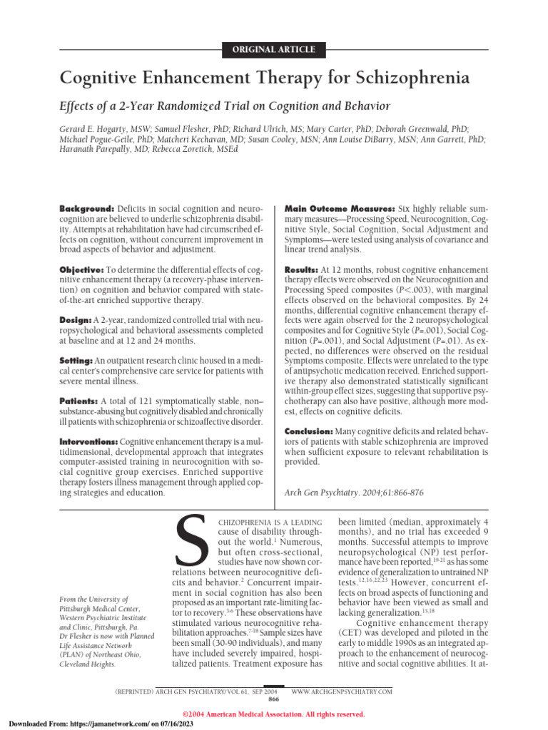 Cognitive Enhancement Therapy For Schizophrenia | PDF | Schizophrenia ...