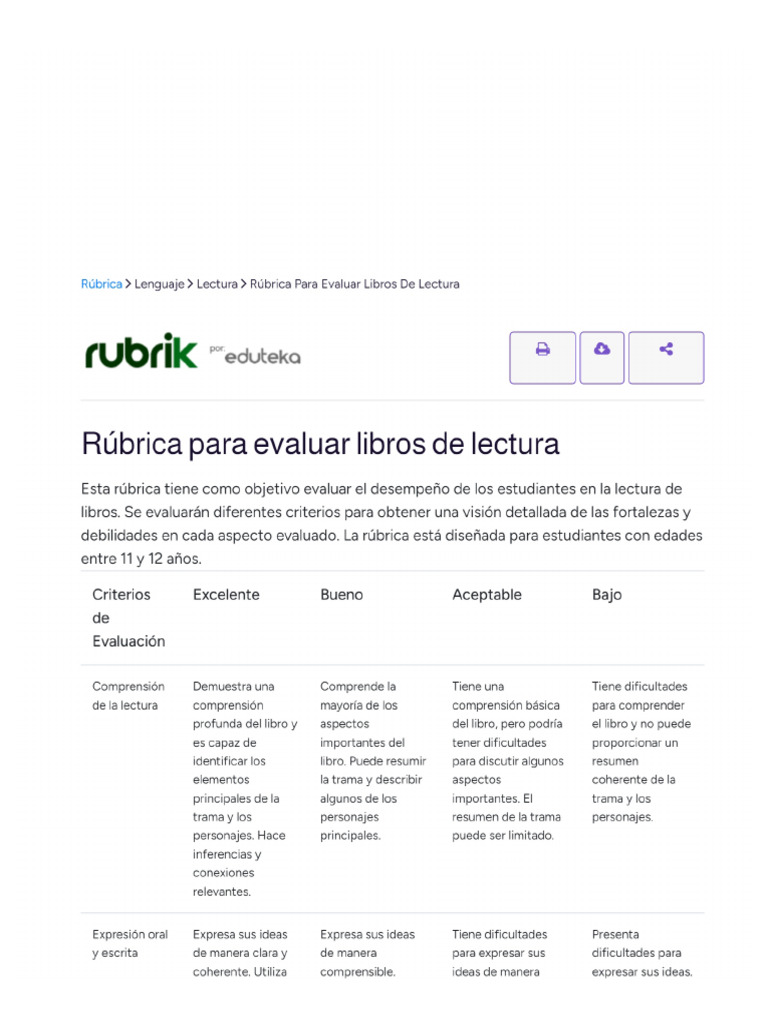 Rúbrica Para Evaluar Libros De Lectura Pdf 6309
