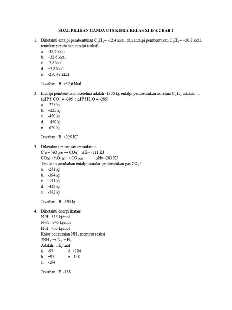 Soal Pilihan Ganda Uts Kimia Kelas Xi Ipa 2 Bab 2 | PDF