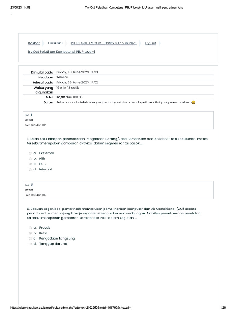 Try Out Pelatihan Kompetensi PBJP Level-1 - Ulasan Hasil Pengerjaan Kuis | PDF