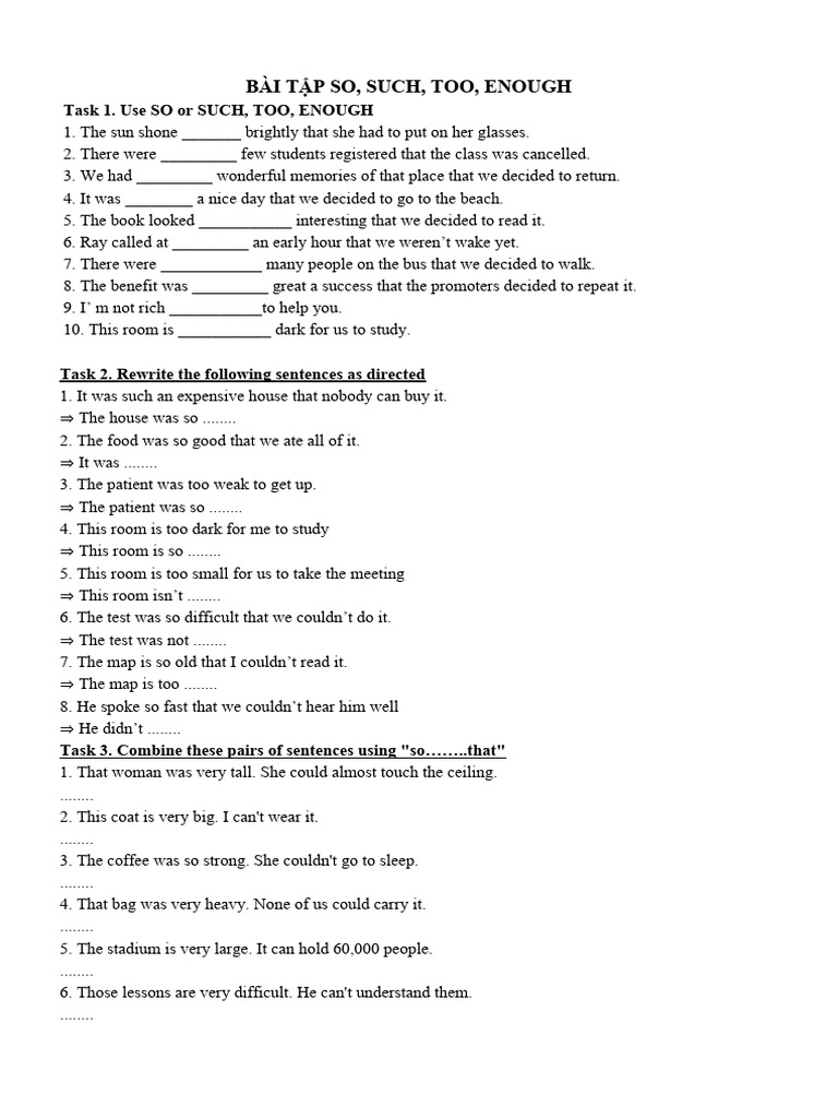 BÀI TẬP SO, SUCH, TOO, ENOUGH | PDF