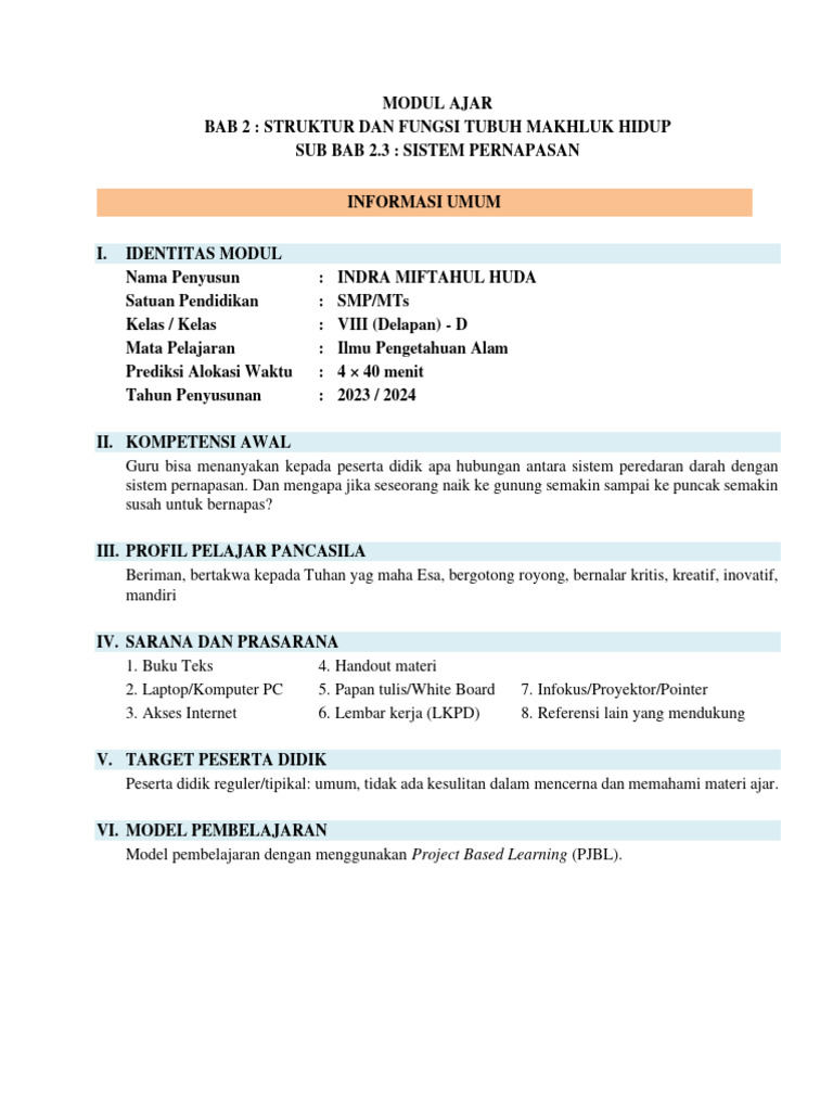 Modul Ajar Sistem Pernapasan Kelas 8 | PDF